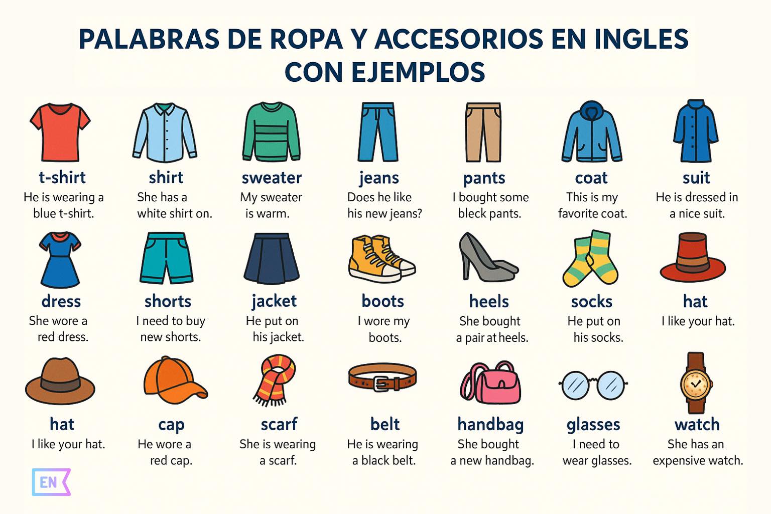 50 Palabras de ropa y accesorios en inglés con ejemplos